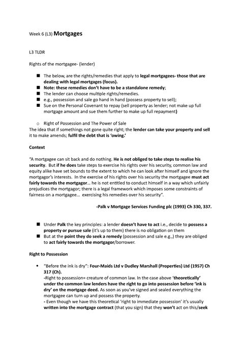 Land Law Week 6 Mortgages L3 And 4 Week 6 L3 Mortgages L3 TLDR