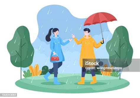 비가 내리는 폭풍우 속에서 비옷 고무 장화 우산을 들고 있는 사람들 배너 또는 포스터에 대한 평면 배경 만화 벡터 일러스트레이션 가을에 대한 스톡 벡터 아트 및 기타 이미지