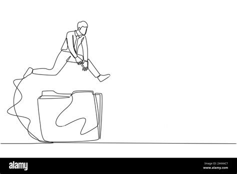 Continuous One Line Drawing Businessman Jumping Over Big Folder Icon