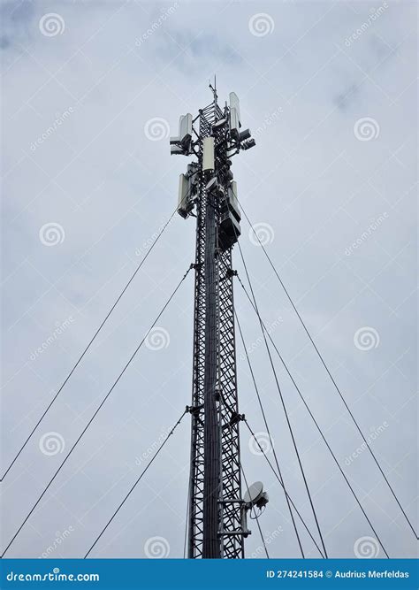 Multiple Antennas On The 4G Base Station Antenna Tower Stock Photo