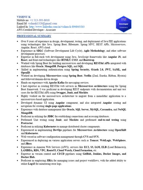 vishnu resume pdf spring framework java programming language