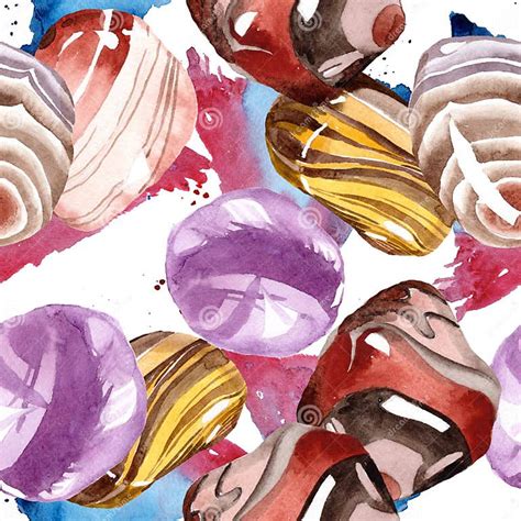 Semiprecious Stones And Crystals Watercolor Illustration Set Seamless