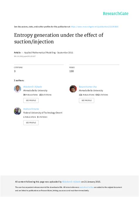 Pdf Entropy Generation Under The Effect Of Suction Injection