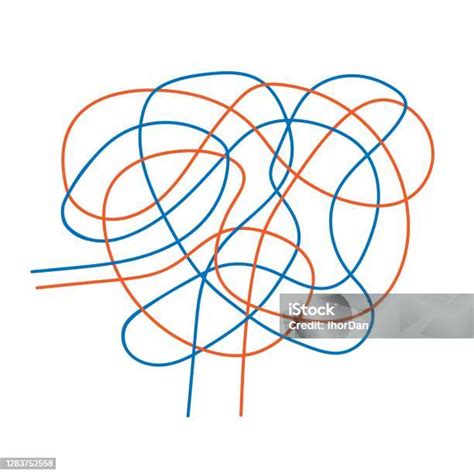 손으로 뽑은 엉킴 스크롤링 스케치 파란색과 주황색은 선 낙서 모양입니다 벡터 얽힌 혼란 낙서 낙서 그리기 흰색 배경에 격리 된 스레드 Clew 매듭 다중 색상에 대한 스톡