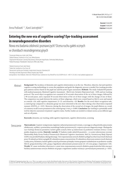 Pdf Entering The New Era Of Cognitive Scoring Eye Tracking Assessment In Neurodegenerative