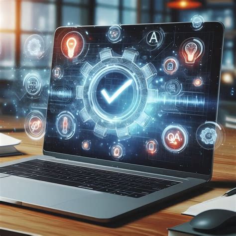 Modern Workspace With Laptop Displaying Holographic Ai Qa Icons Digital