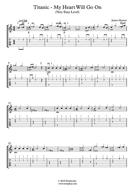 Tablatures et partition Guitare Titanic My Heart Will Go On niveau très facile Horner James