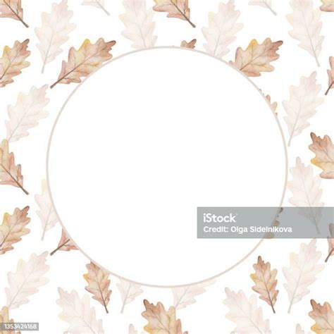 흰색에 고립 된 가을 갈색 색상의 오크 나무 잎의 손으로 그린 수채화 그림에서 프레임 파티 결혼 초대장 인사말 엽서에 대한 숲