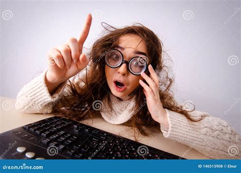 The Funny Nerd Girl Working On Computer Stock Photo Image Of Geek Gamer 146513908