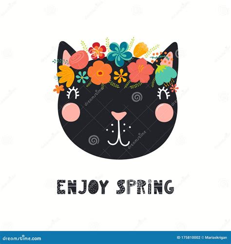 Cute Cat In A Flower Crown Stock Vector Illustration Of Beauty 175810002