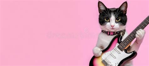 Black And White Tuxedo Cat Ready To Rock Out With A Red Electric Guitar On A Pink Background