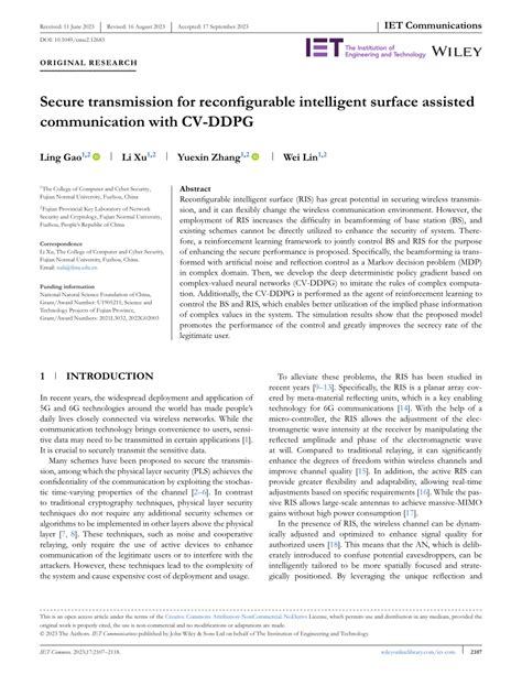 Pdf Secure Transmission For Reconfigurable Intelligent Surface Assisted Communication With Cv‐ddpg