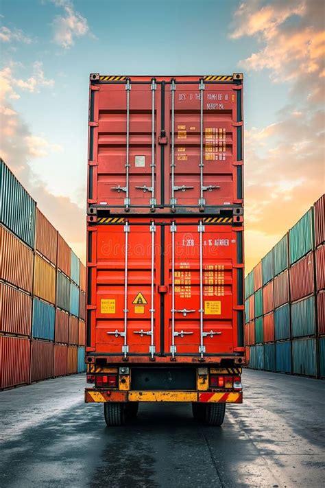 A Truck Is Parked In Front Of A Large Stack Of Shipping Containers