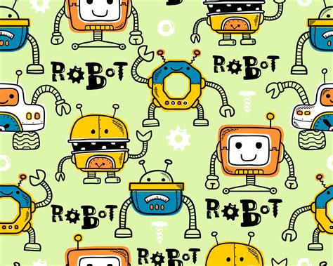 Seamless Pattern Vector Of Hand Drawn Robots Cartoon With Nuts And