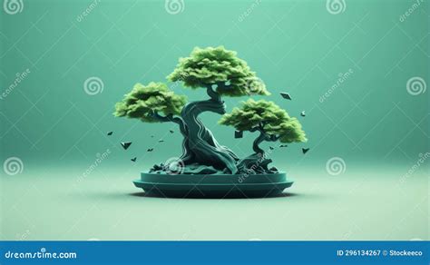 dynamic 3d rendering of bonsai tree on green background stock