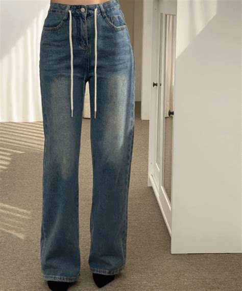 Sml 끈 조절 빈티지 워싱 데님 하이웨스트 중청바지 와이드핏일자핏데님팬츠빅사이즈워싱바지워싱치마y2k데님바지빈티지코디청바지청치마하이웨스트팬츠여름