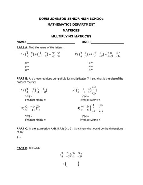 Matrix Multiplication Worksheet Multiplication Worksheets