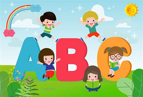 Abc 편지를 가진 만화 아이 들 Abc를 가진 학교 아이 Abc 편지를 가진 아이 들 벡터 일러스트 레이 션 공부에 대한 스톡