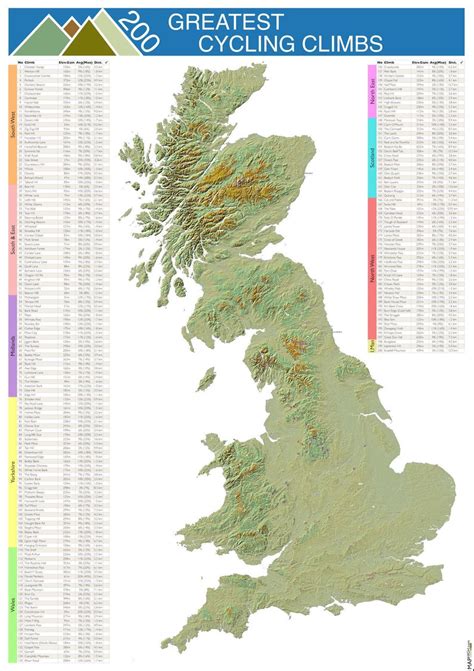 200 Greatest Cycling Climbs Map A1 Poster Uk Bikes Britain Etsy