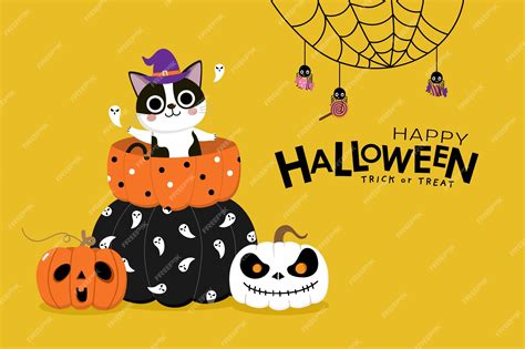 Premium Vector Appy Halloween Greeting Card With Cute Cat In Witch