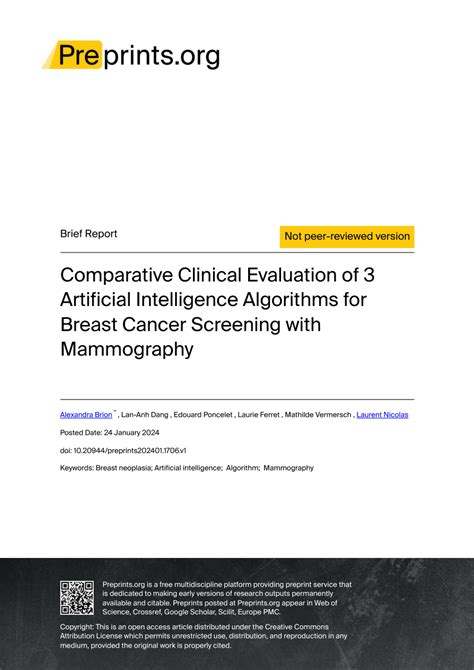 Pdf Comparative Clinical Evaluation Of 3 Artificial Intelligence Algorithms For Breast Cancer