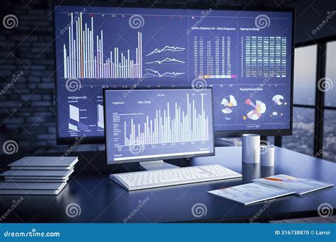 Modern Workspace With Multiple Monitors Displaying Various Graphs Charts And Data Indicating