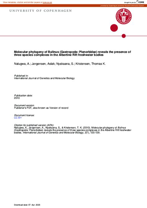 Pdf Molecular Phylogeny Of Bulinus Gastropoda Planorbidae Reveals