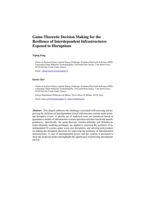 Pdf Game Theoretic Decision Making For The Resilience Of Interdependent Infrastructures