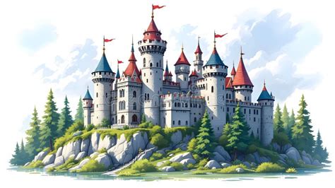 Big Castle Texture With Towers Isolated On White Detailed Illustration Stock Illustration