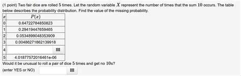 Solved 1 Point Two Fair Dice Are Rolled 5 Times Let The