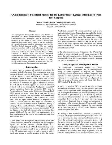 Pdf A Comparison Of Statistical Models For The Extraction Of Lexical Information From Text Corpora