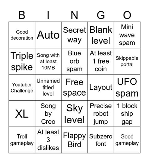 Geometry Dash Recent Tab Bingo Card