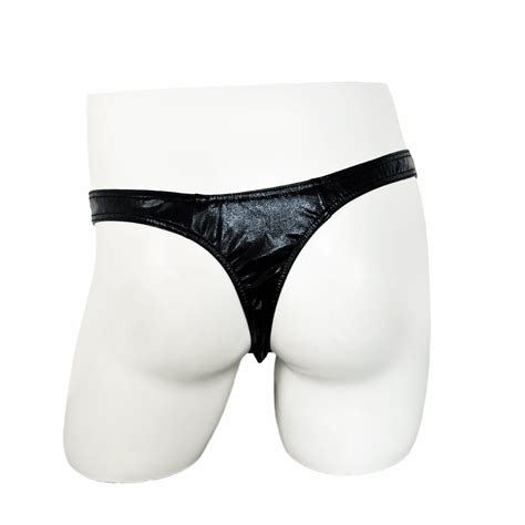 Mens Thong Underwear Black Faux Leather Double Open Sexy Briefs