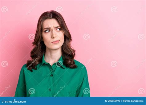 Photo Of Thoughtful Unsure Lady Wear Green Shirt Looking Empty Space