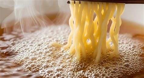 Closeup Of Instant Ramen Noodles Being Lifted From Rapidly Boiling Soup