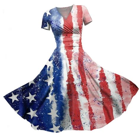 Kddylitq V Neck Independence Day Dress For Women Short Sleeve Patriotic
