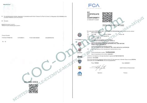 Coc документи Автомобил Alfa Romeo Сертификат за съответствие