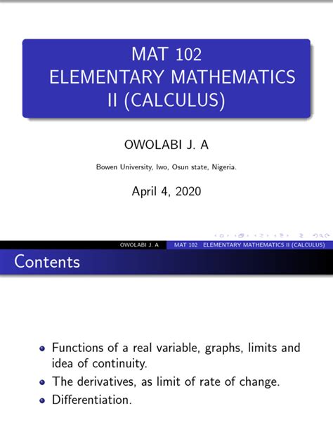 Mat 102 Elementary Mathematics Calculus Pdf Function Mathematics Equations