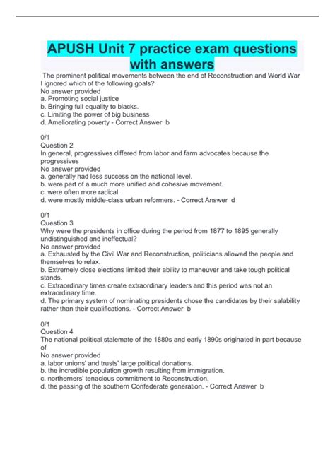 Apush Unit 7 Practice Exam Questions With Answers Mcq Unit 7 Progress