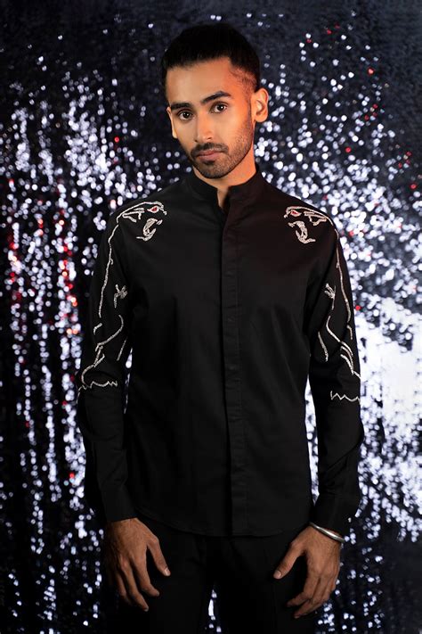 Buy Sanjana Reddy Black Cotton Panther Placement Embroidered Shirt