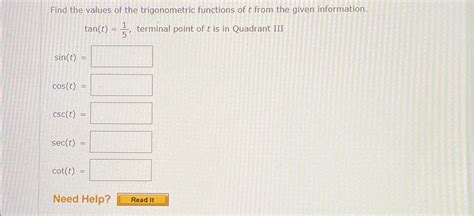 Solved Find The Values Of The Trigonometric Functions Of T Chegg
