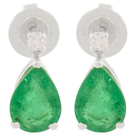 Pear Natural Emerald Gemstone Stud Earrings Diamond 14 Karat White Gold