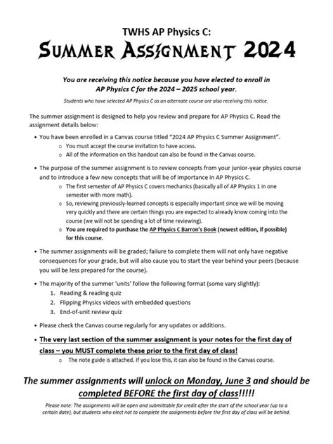 2024 25 Ap Physics C Summer Assignment And Calculus Noteguide Pdf