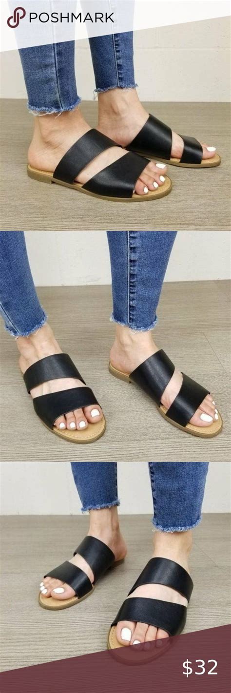 Black Vegan Leather Flat Comfort Sandals Comfortable Sandals Leather