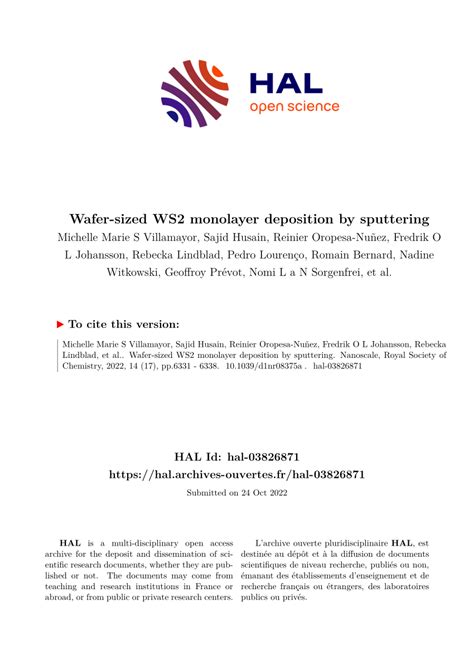 Pdf Wafer Sized Ws 2 Monolayer Deposition By Sputtering