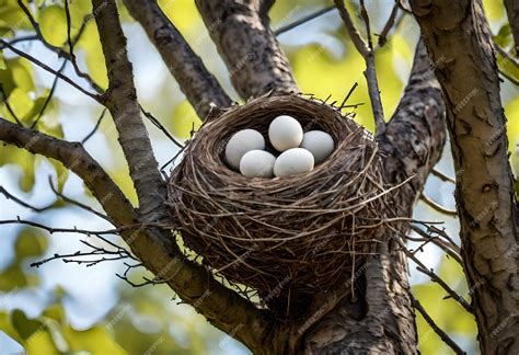 Premium Photo A Bird Nest With Eggs In A Tree