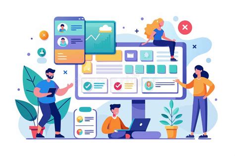 Stylized Characters Interact With A Large Screen Displaying User Interface Elements And Data