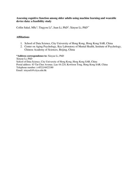 Pdf Assessing Cognitive Function Among Older Adults Using Machine Learning And Wearable Device