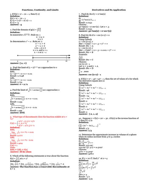Diffcal The1 Answer Key Pdf Mathematical Analysis Mathematics