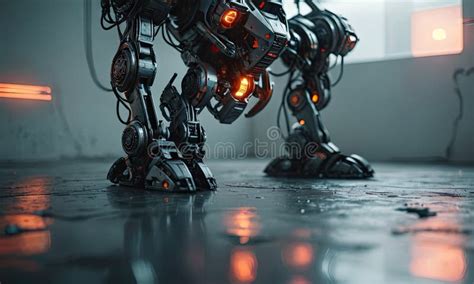 A Robot With Orange Lights On Its Legs Is Standing In A Room Stock Illustration Illustration